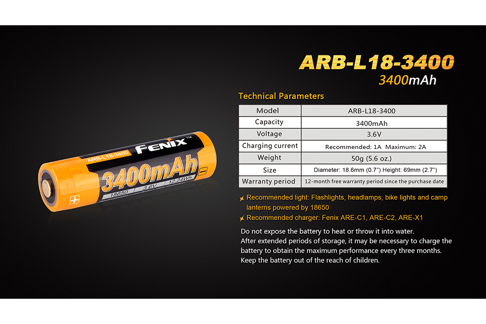 Fenix ARB-L18-3400mAh Rechargeable 18650 Battery – Fenix Store